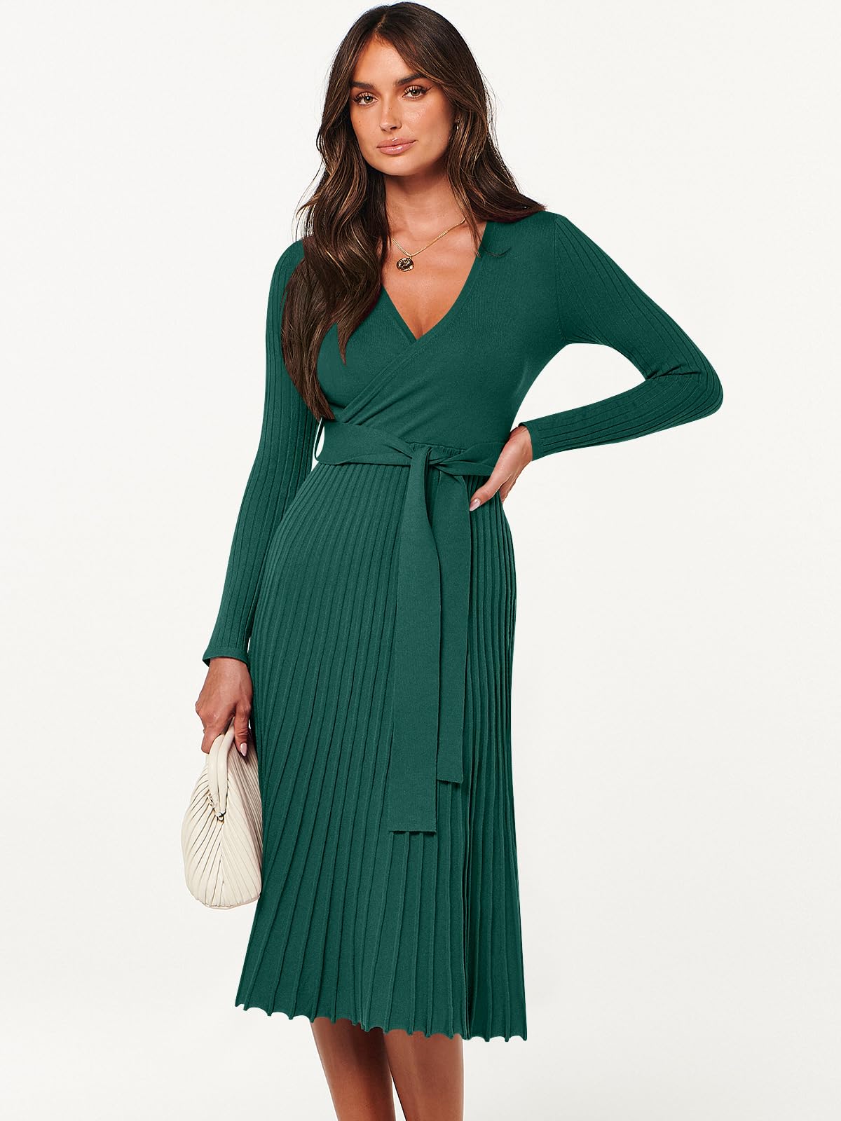 ANRABESS Women Long Sleeve Sweater Dress Wrap V Neck Pleated Ribbed Knit A Line Belted Tie Waist Midi Dress Fall Outfits deep green Small