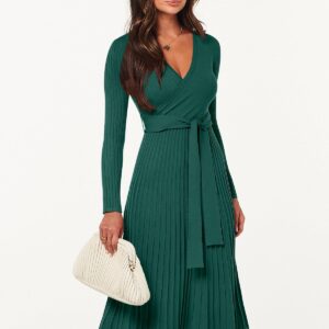 ANRABESS Women Long Sleeve Sweater Dress Wrap V Neck Pleated Ribbed Knit A Line Belted Tie Waist Midi Dress Fall Outfits deep green Small