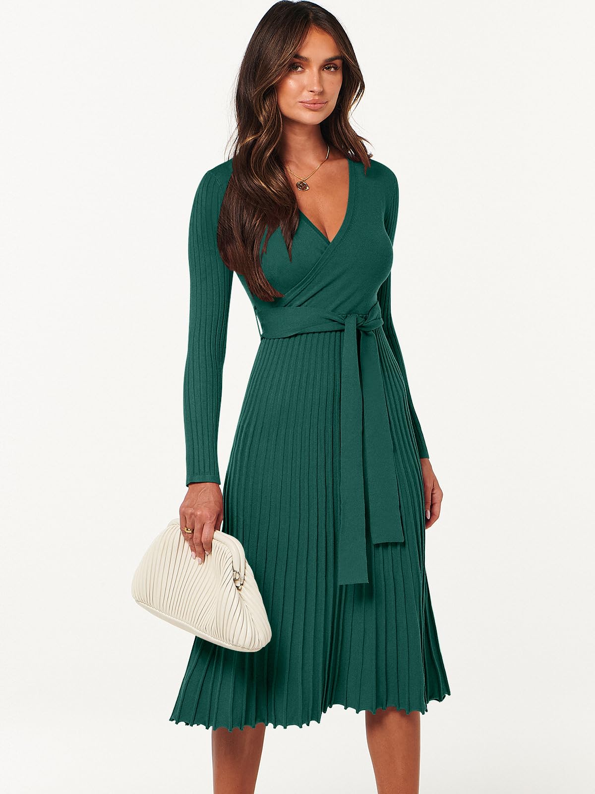 ANRABESS Women Long Sleeve Sweater Dress Wrap V Neck Pleated Ribbed Knit A Line Belted Tie Waist Midi Dress Fall Outfits deep green Small