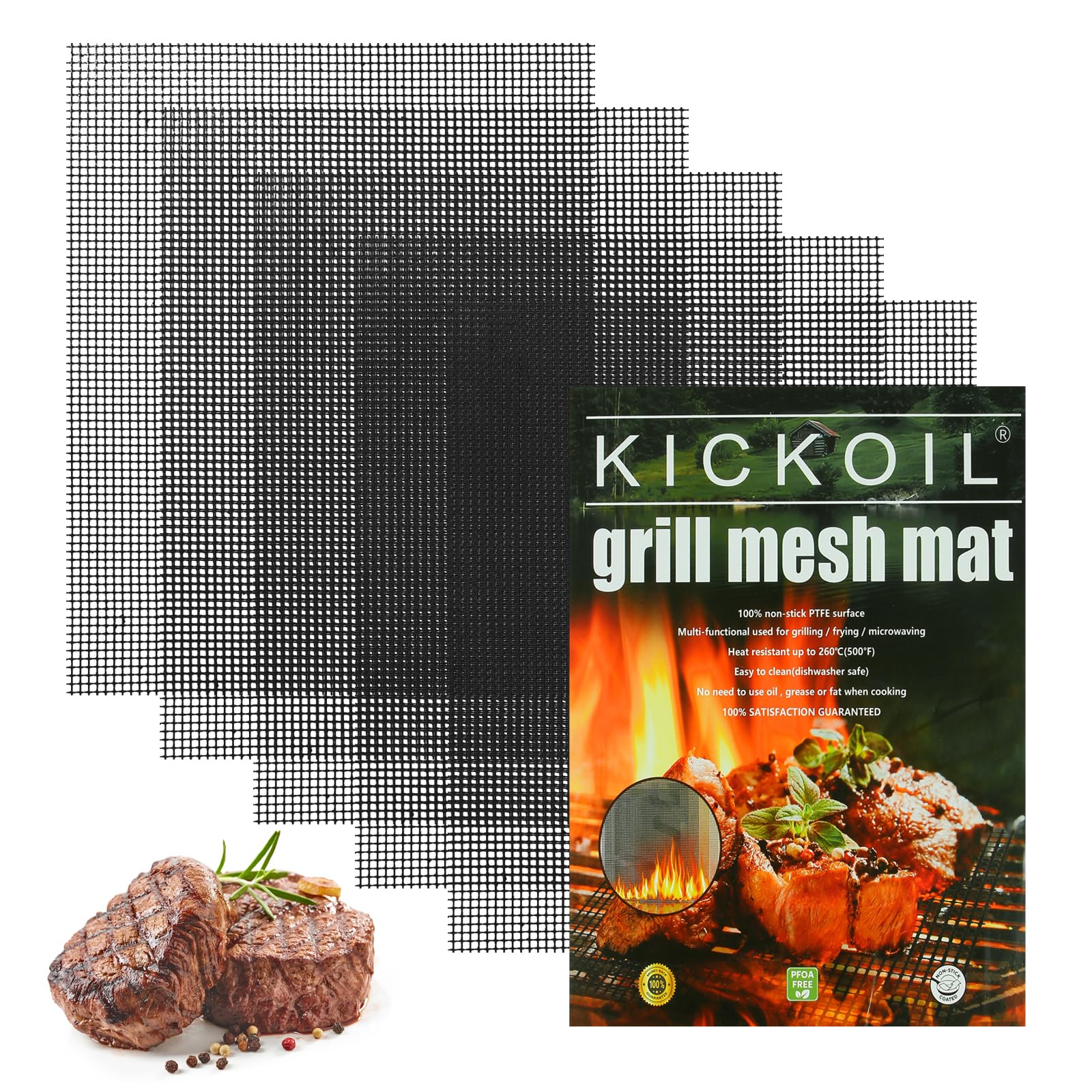 Grill Mesh Mat Set 5 Barbecue Grill Accessories Reusable Non-Stick Grill Mat for Vegetables Fish Grilling Mat Sheets for Outdoor Smoker Charcoal Gas Electric Grill BBQ Tools,XL 15.75 x 13 inch, Black