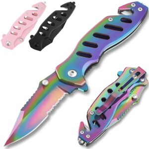 rainbow pocket knife - legal knife with glass breaker seatbelt cutter - 2.68 inch serrated blade - cute womens knives - cool small folding knife for self defense - birthday gifts for women - 6655 r