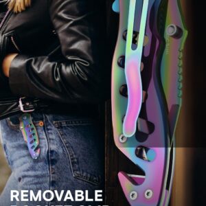 Rainbow Pocket Knife - Legal Knife with Glass Breaker Seatbelt Cutter - 2.68 Inch Serrated Blade - Cute Womens Knives - Cool Small Folding Knife for Self Defense - Birthday Gifts for Women - 6655 R