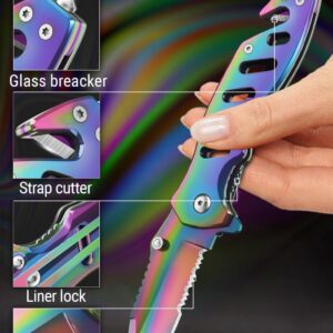 Rainbow Pocket Knife - Legal Knife with Glass Breaker Seatbelt Cutter - 2.68 Inch Serrated Blade - Cute Womens Knives - Cool Small Folding Knife for Self Defense - Birthday Gifts for Women - 6655 R