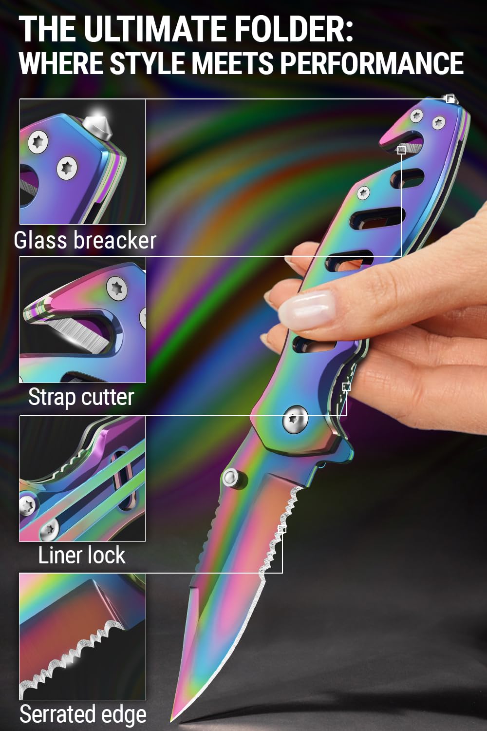 Rainbow Pocket Knife - Legal Knife with Glass Breaker Seatbelt Cutter - 2.68 Inch Serrated Blade - Cute Womens Knives - Cool Small Folding Knife for Self Defense - Birthday Gifts for Women - 6655 R