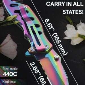 Rainbow Pocket Knife - Legal Knife with Glass Breaker Seatbelt Cutter - 2.68 Inch Serrated Blade - Cute Womens Knives - Cool Small Folding Knife for Self Defense - Birthday Gifts for Women - 6655 R