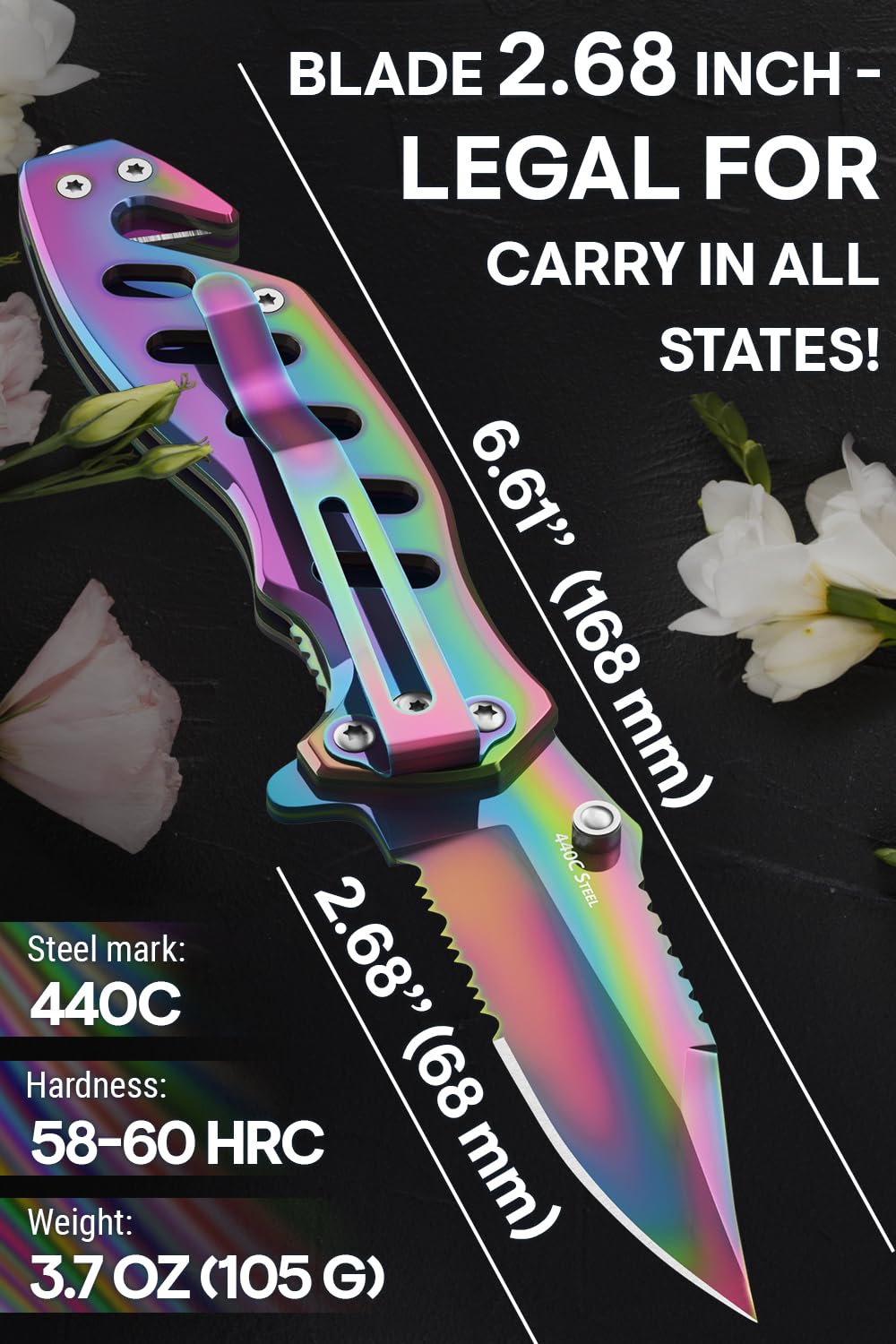 Rainbow Pocket Knife - Legal Knife with Glass Breaker Seatbelt Cutter - 2.68 Inch Serrated Blade - Cute Womens Knives - Cool Small Folding Knife for Self Defense - Birthday Gifts for Women - 6655 R