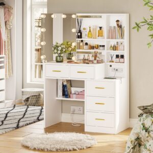 bthfst vanity desk with sliding mirror and lights, makeup vanity with lights and charging station, makeup desk with 5 drawers, modern vanity table with hidden and open storage shelves, white