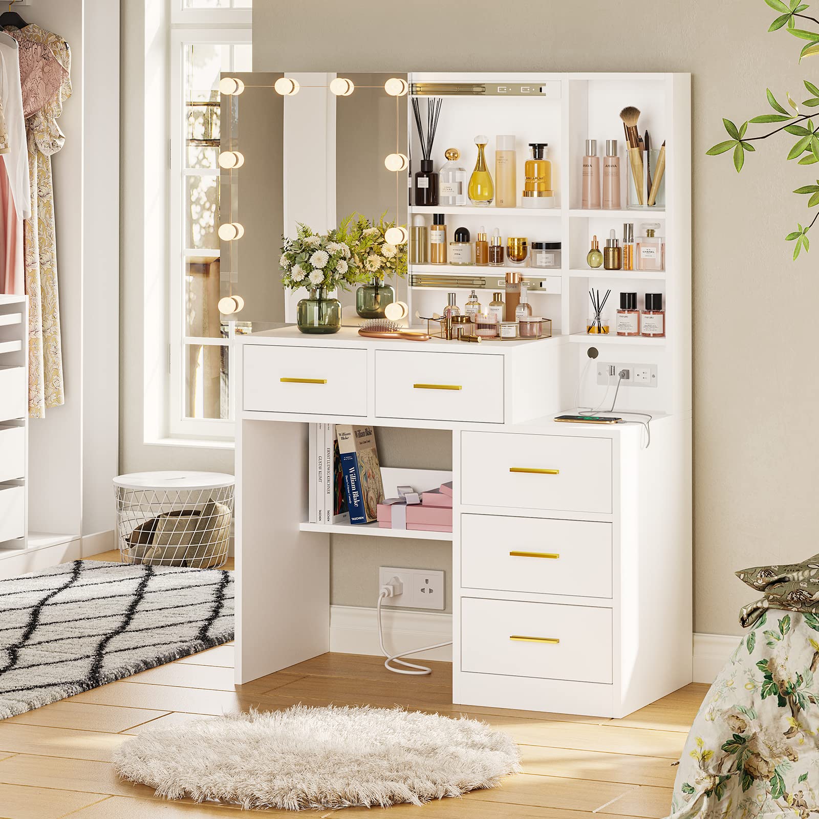 BTHFST Vanity Desk with Sliding Mirror and Lights, Makeup Vanity with Lights and Charging Station, Makeup Desk with 5 Drawers, Modern Vanity Table with Hidden and Open Storage Shelves, White