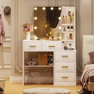 BTHFST Vanity Desk with Sliding Mirror and Lights, Makeup Vanity with Lights and Charging Station, Makeup Desk with 5 Drawers, Modern Vanity Table with Hidden and Open Storage Shelves, White