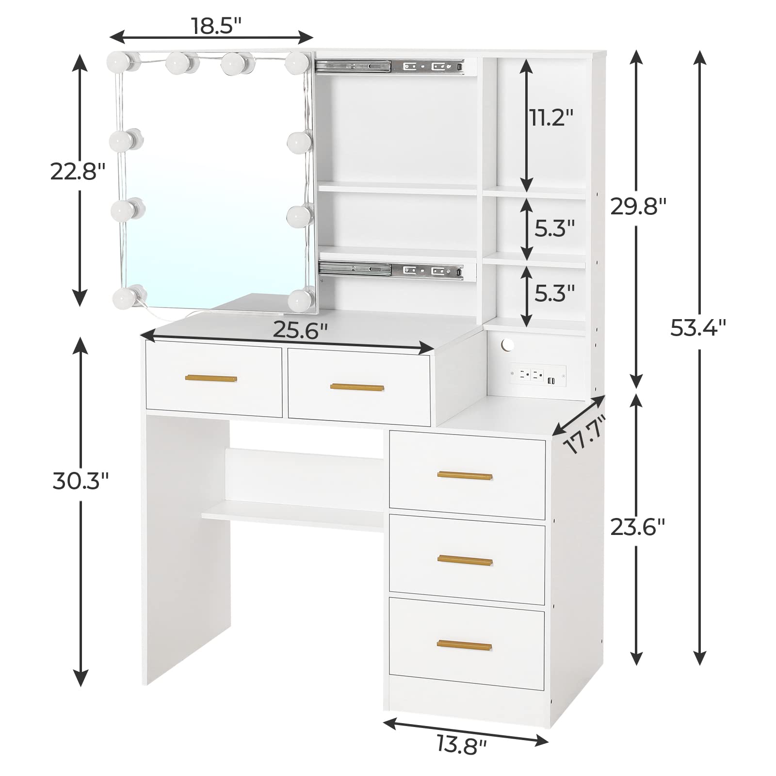 BTHFST Vanity Desk with Sliding Mirror and Lights, Makeup Vanity with Lights and Charging Station, Makeup Desk with 5 Drawers, Modern Vanity Table with Hidden and Open Storage Shelves, White