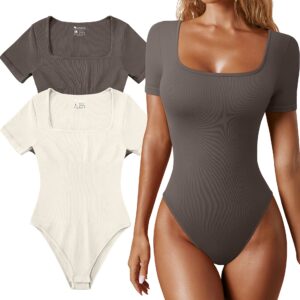 OQQ Women's 2 Piece Bodysuits Sexy Ribbed One Piece Square Neck Short Sleeve Bodysuits Tea leaf Beige