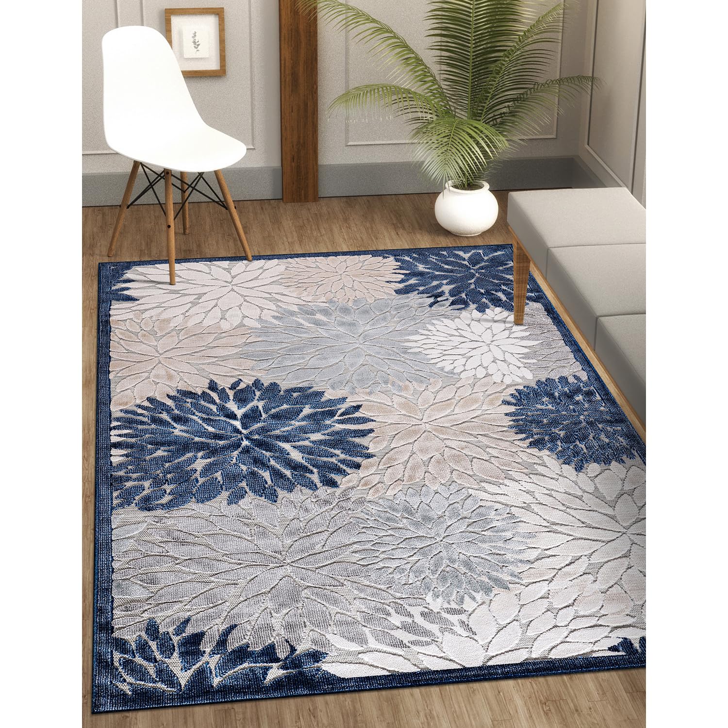 CAMILSON Indoor/Outdoor Rug Blue 5x7 Floral Exotic Tropical Area Rugs for Indoor and Outdoor patios, Easy-Cleaning Non-Shedding Living Room, Garden and Kitchen Washable Outside Carpet (5X 7)