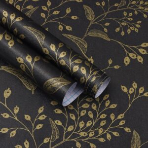 heroad brand peel and stick wallpaper 196"x17.3" black and gold wallpaper boho peel and stick wallpaper floral contact paper leaf removable wallpaper self adhesive for cabinets shelf liner vinyl roll