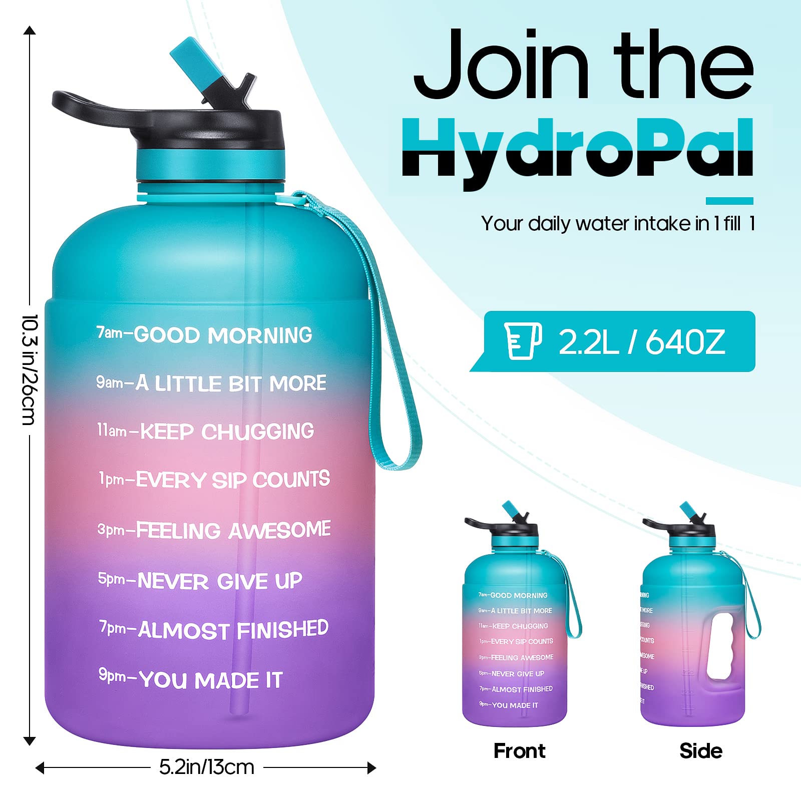 Large 74 oz/Half Gallon Motivational Water Bottle with 2 Lids (Chug and Straw), BPA Free Sports Drink Water Jug with Time Marker for Camping Sports Workouts and Outdoor Activity