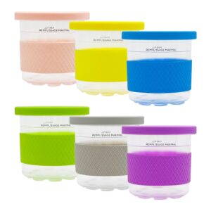 6 pack replacement ice cream pints with silicone lids and sleeves，compatible with ninja creami ice cream maker, model: nc301, nc300, nc299amz series. (pink/yellow/blue/green/grey/purpel)