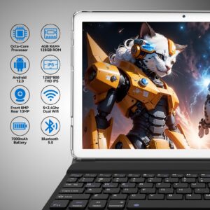 2 in 1 Tablet with Keyboard, 2024 Latest Tablets Android 128GB ROM, 10 Inch Tablet with Octa-Core Chip Support 5+2.4Ghz WiFi, 7000mAh Battery, Bluetooth 5.0, GPS, HD Touch Screen-Silver