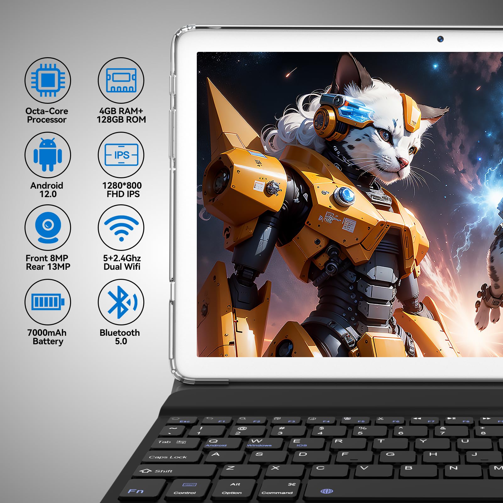 2 in 1 Tablet with Keyboard, 2024 Latest Tablets Android 128GB ROM, 10 Inch Tablet with Octa-Core Chip Support 5+2.4Ghz WiFi, 7000mAh Battery, Bluetooth 5.0, GPS, HD Touch Screen-Silver