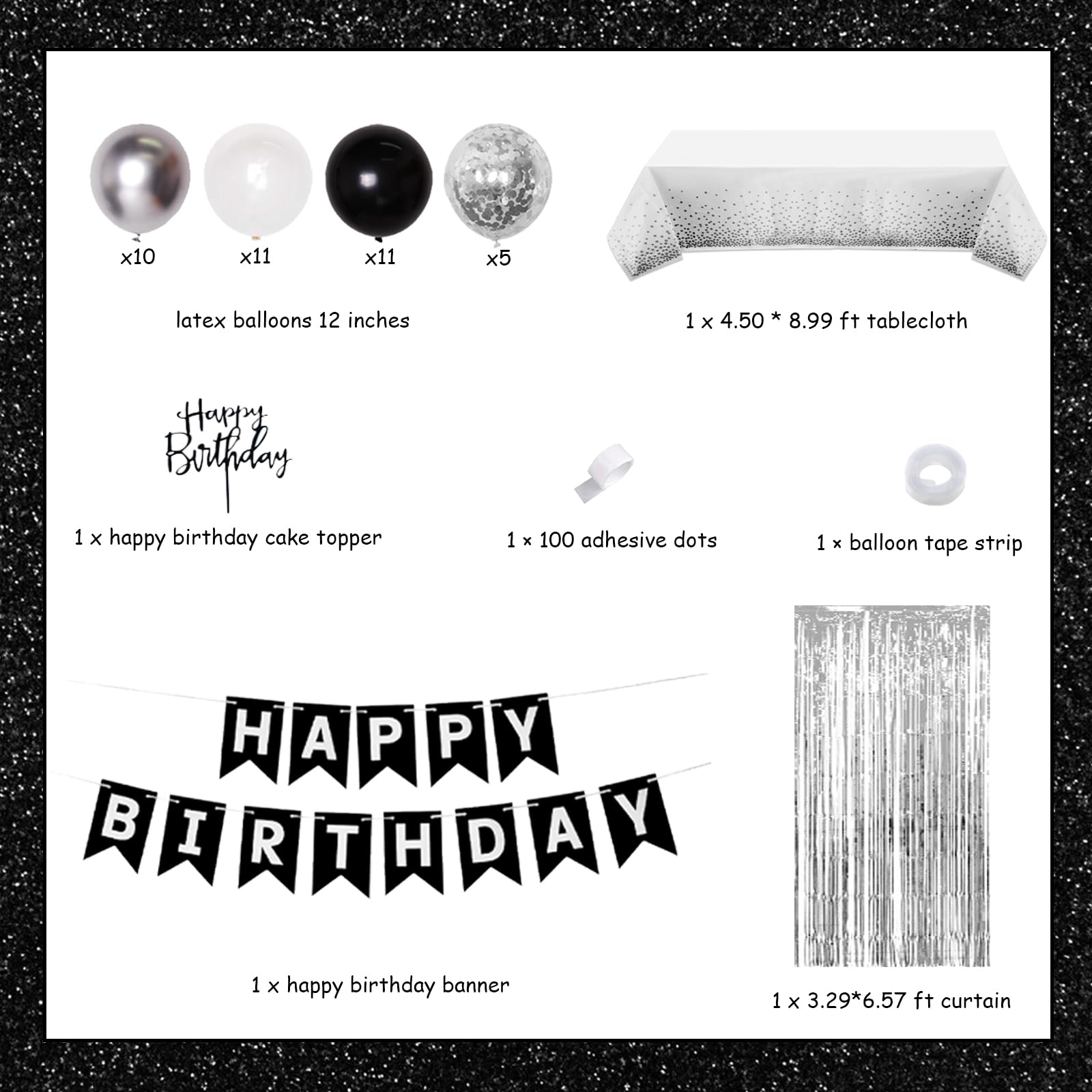 Black White Birthday Party Decorations for Him Her Silver Tablecloth Fringe Curtain Happy Birthday Party Table Supplies Balloon Garland Arch Kit Happy Birthday Banner Black Cake Topper for Men Women