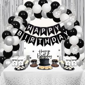 Black White Birthday Party Decorations for Him Her Silver Tablecloth Fringe Curtain Happy Birthday Party Table Supplies Balloon Garland Arch Kit Happy Birthday Banner Black Cake Topper for Men Women