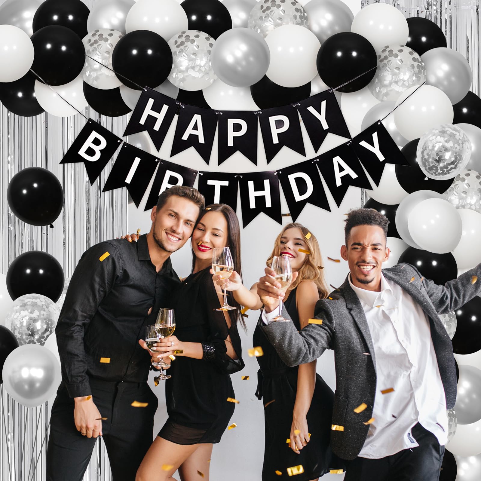 Black White Birthday Party Decorations for Him Her Silver Tablecloth Fringe Curtain Happy Birthday Party Table Supplies Balloon Garland Arch Kit Happy Birthday Banner Black Cake Topper for Men Women