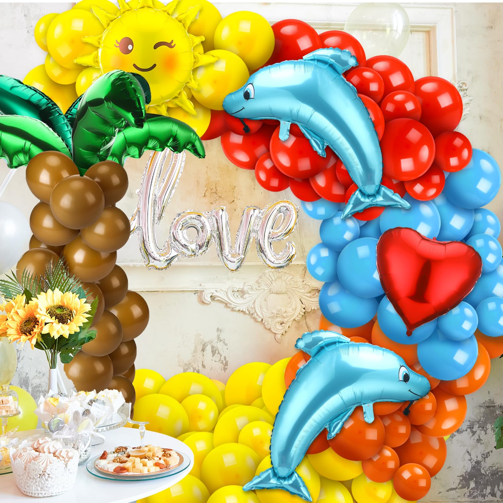 157 Pcs Summer Heart Sun Dolphin Waves Palms Party Balloon Garland Arch Kit, Summer Theme Party Palm Tree Leaves Balloons Yellow Orange Balloons Arch Dolphin for Music Theme Party Decorations