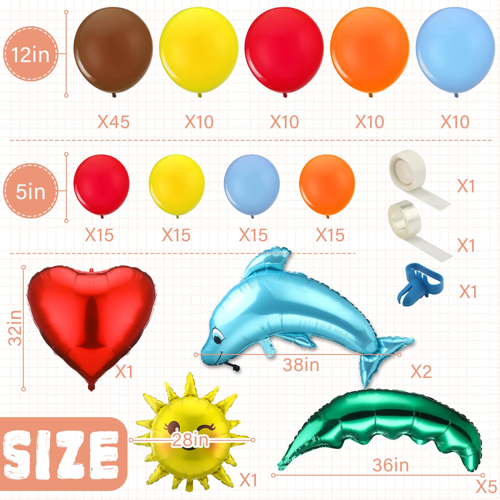 157 Pcs Summer Heart Sun Dolphin Waves Palms Party Balloon Garland Arch Kit, Summer Theme Party Palm Tree Leaves Balloons Yellow Orange Balloons Arch Dolphin for Music Theme Party Decorations