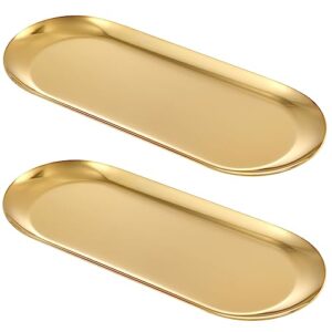 2pack gold decorative tray, bathroom vanity tray for dresser counter, kitchen sink tray for soap dispensers, stainless steel jewelry tray, perfume ring key candle organizer tray, oval