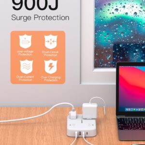 Surge Protector Power Strip with 2 USB C - 5 Ft Flat Extension Cord Flat Plug Power Strip, 4 Widely Outlets and 4 USB Charging Ports, Outlet Extender, 900 Joules, for Home Office Dorm Room Essentials