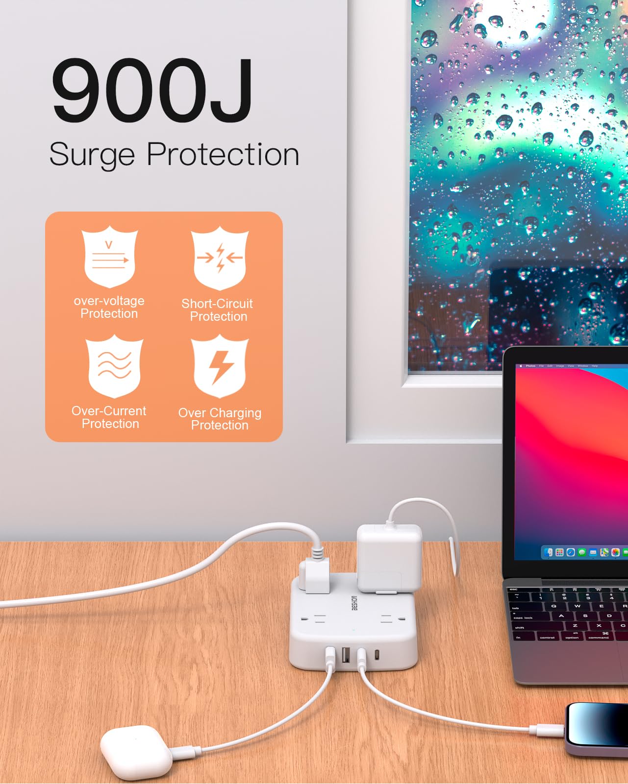 Surge Protector Power Strip with 2 USB C - 5 Ft Flat Extension Cord Flat Plug Power Strip, 4 Widely Outlets and 4 USB Charging Ports, Outlet Extender, 900 Joules, for Home Office Dorm Room Essentials