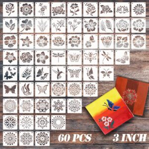 small stencils for painting on wood reusable: 60pcs 3 inch flower stencils mandala stencil for dot painting, sunflower butterfly rose stencils for painting on rock, walls, canvas, drawing, crafts, art