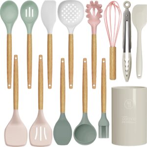 silicone cooking utensils set - 446°f heat resistant silicone kitchen utensils for cooking,kitchen utensil spatula set w wooden handles and holder, bpa free gadgets for non-stick cookware (colorful)