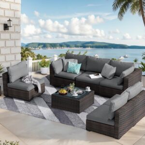 Grezone Patio Furniture Set 7 Piece Outdoor Wicker Sectional Sofa - All Weather High Backrest PE Rattan Couch Conversation Set with Cushion & Glass Top Table for Backyard Deck Porch, (grey)