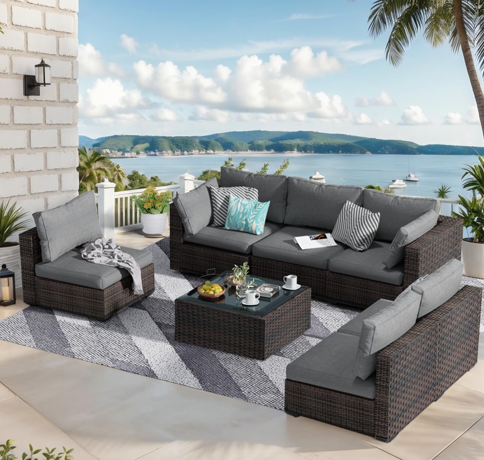 Grezone Patio Furniture Set 7 Piece Outdoor Wicker Sectional Sofa - All Weather High Backrest PE Rattan Couch Conversation Set with Cushion & Glass Top Table for Backyard Deck Porch, (grey)