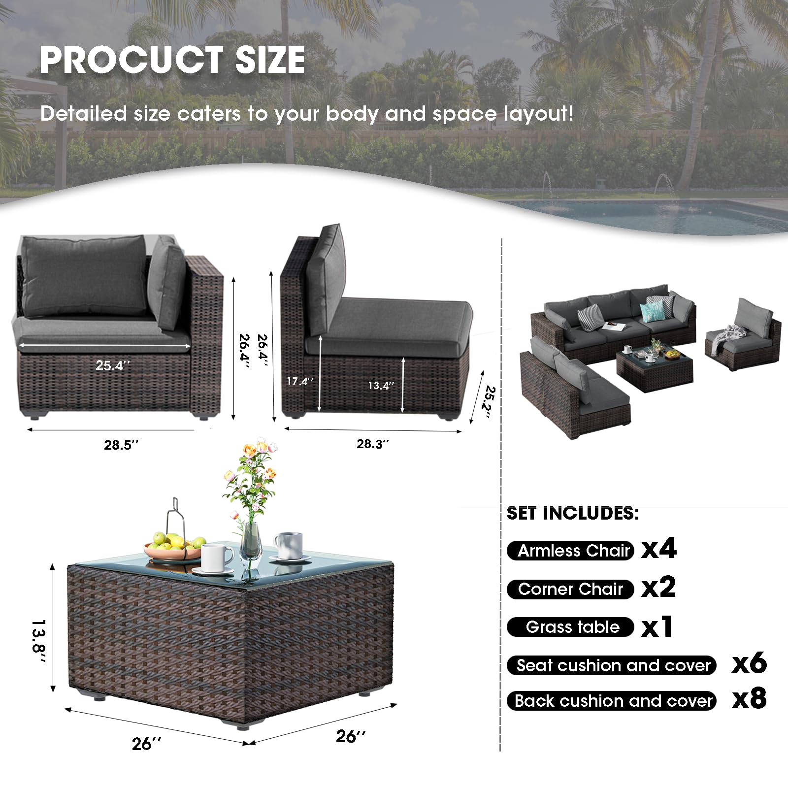 Grezone Patio Furniture Set 7 Piece Outdoor Wicker Sectional Sofa - All Weather High Backrest PE Rattan Couch Conversation Set with Cushion & Glass Top Table for Backyard Deck Porch, (grey)