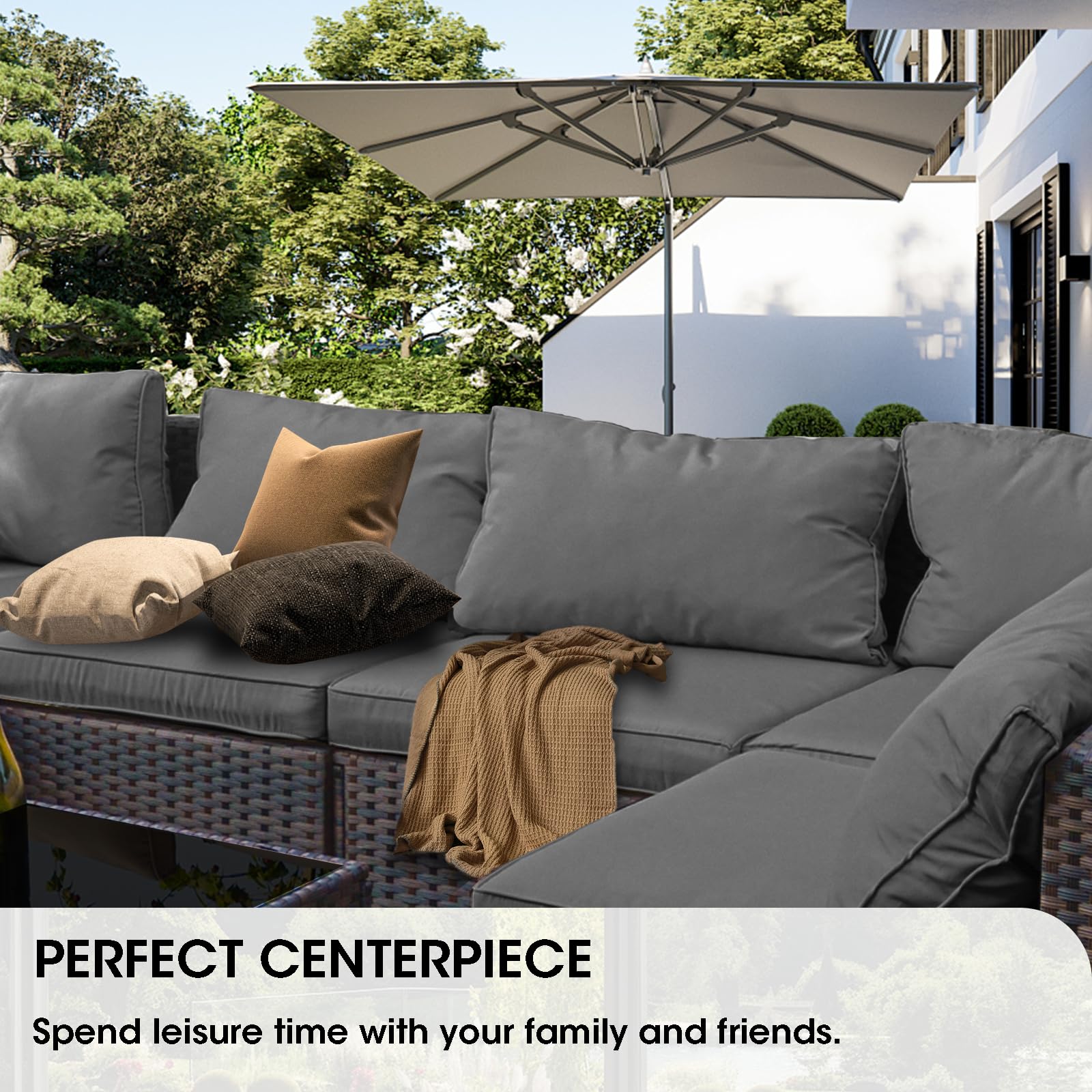 Grezone Patio Furniture Set 7 Piece Outdoor Wicker Sectional Sofa - All Weather High Backrest PE Rattan Couch Conversation Set with Cushion & Glass Top Table for Backyard Deck Porch, (grey)