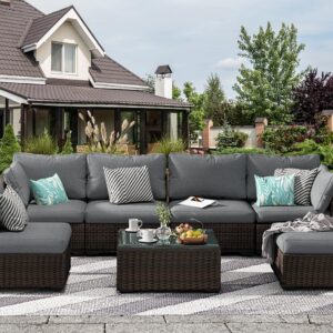 Grezone Patio Furniture Set 7 Piece Outdoor Wicker Sectional Sofa - All Weather High Backrest PE Rattan Couch Conversation Set with Cushion & Glass Top Table for Backyard Deck Porch, (grey)