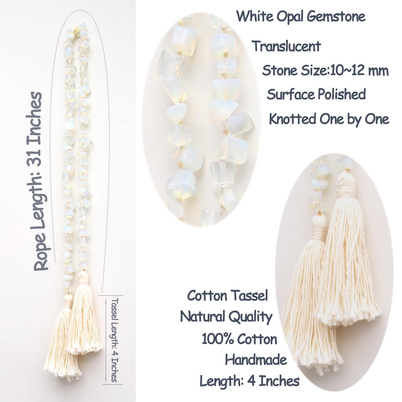 Natural Gemstone Bead Garland with Tassel,31inch Farmhouse Rustic Country Table Decor Prayer Healing Beads Boho Wall Shelf Hanging Decoration (Opal)