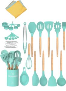 33 pieces.” kitchen utensils set for cooking. comes with 5 kitchen cleaning cloths, utensil set with holder, spatula, so gadgets, silicone kitchen utensils wood handle.