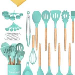 33 pieces.” Kitchen Utensils Set for cooking. Comes with 5 kitchen cleaning cloths, Utensil set with holder, spatula, so gadgets, silicone kitchen utensils wood handle.