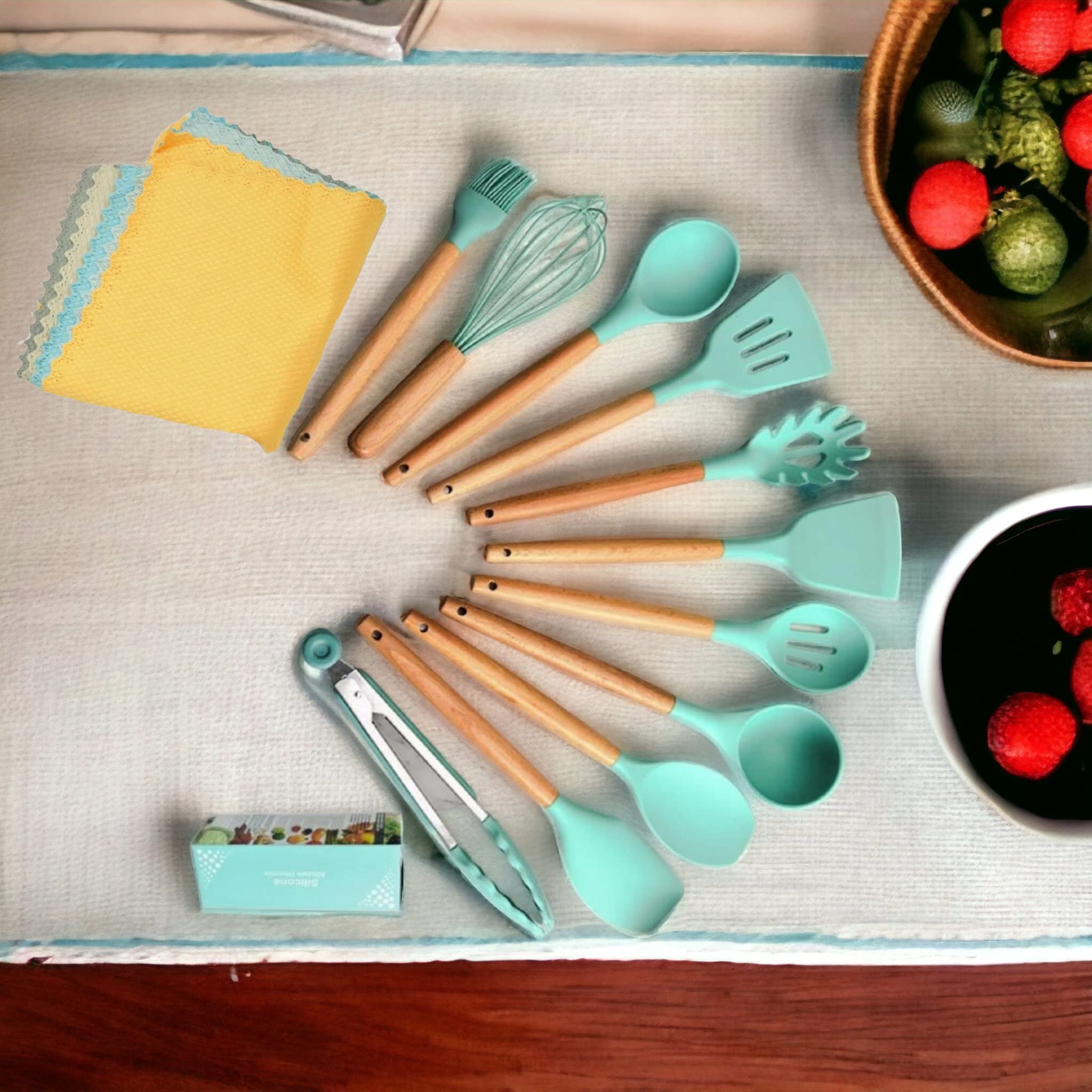 33 pieces.” Kitchen Utensils Set for cooking. Comes with 5 kitchen cleaning cloths, Utensil set with holder, spatula, so gadgets, silicone kitchen utensils wood handle.