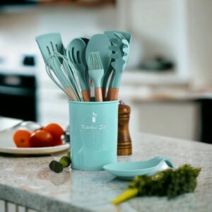 33 pieces.” Kitchen Utensils Set for cooking. Comes with 5 kitchen cleaning cloths, Utensil set with holder, spatula, so gadgets, silicone kitchen utensils wood handle.