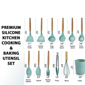 33 pieces.” Kitchen Utensils Set for cooking. Comes with 5 kitchen cleaning cloths, Utensil set with holder, spatula, so gadgets, silicone kitchen utensils wood handle.