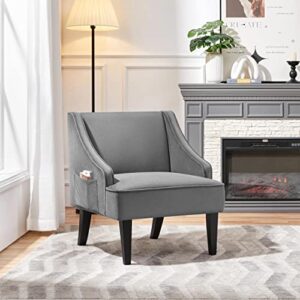 yaheetech accent chair modern, velvet armchair lounge chair with rubberwood legs and side pocket for living room bedroom lounge, gray