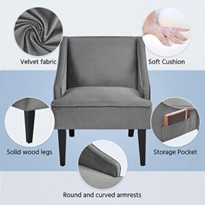 Yaheetech Accent Chair Modern, Velvet Armchair Lounge Chair with Rubberwood Legs and Side Pocket for Living Room Bedroom Lounge, Gray