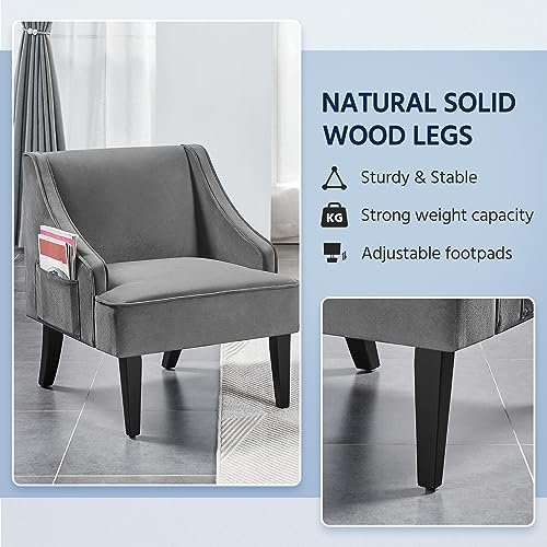 Yaheetech Accent Chair Modern, Velvet Armchair Lounge Chair with Rubberwood Legs and Side Pocket for Living Room Bedroom Lounge, Gray