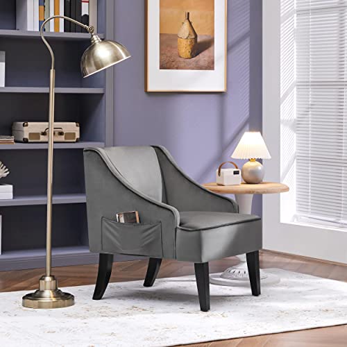 Yaheetech Accent Chair Modern, Velvet Armchair Lounge Chair with Rubberwood Legs and Side Pocket for Living Room Bedroom Lounge, Gray