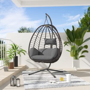 alaulm egg swing chair outdoor indoor wicker rattan hanging chair with stand 350lbs capacity w/strong frame & grey cushions for patio balcony bedroom