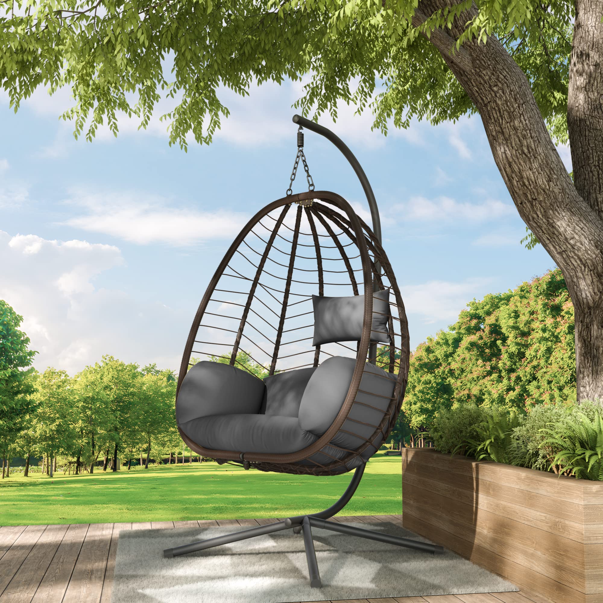 ALAULM Egg Swing Chair Outdoor Indoor Wicker Rattan Hanging Chair with Stand 350lbs Capacity w/Strong Frame & Grey Cushions for Patio Balcony Bedroom