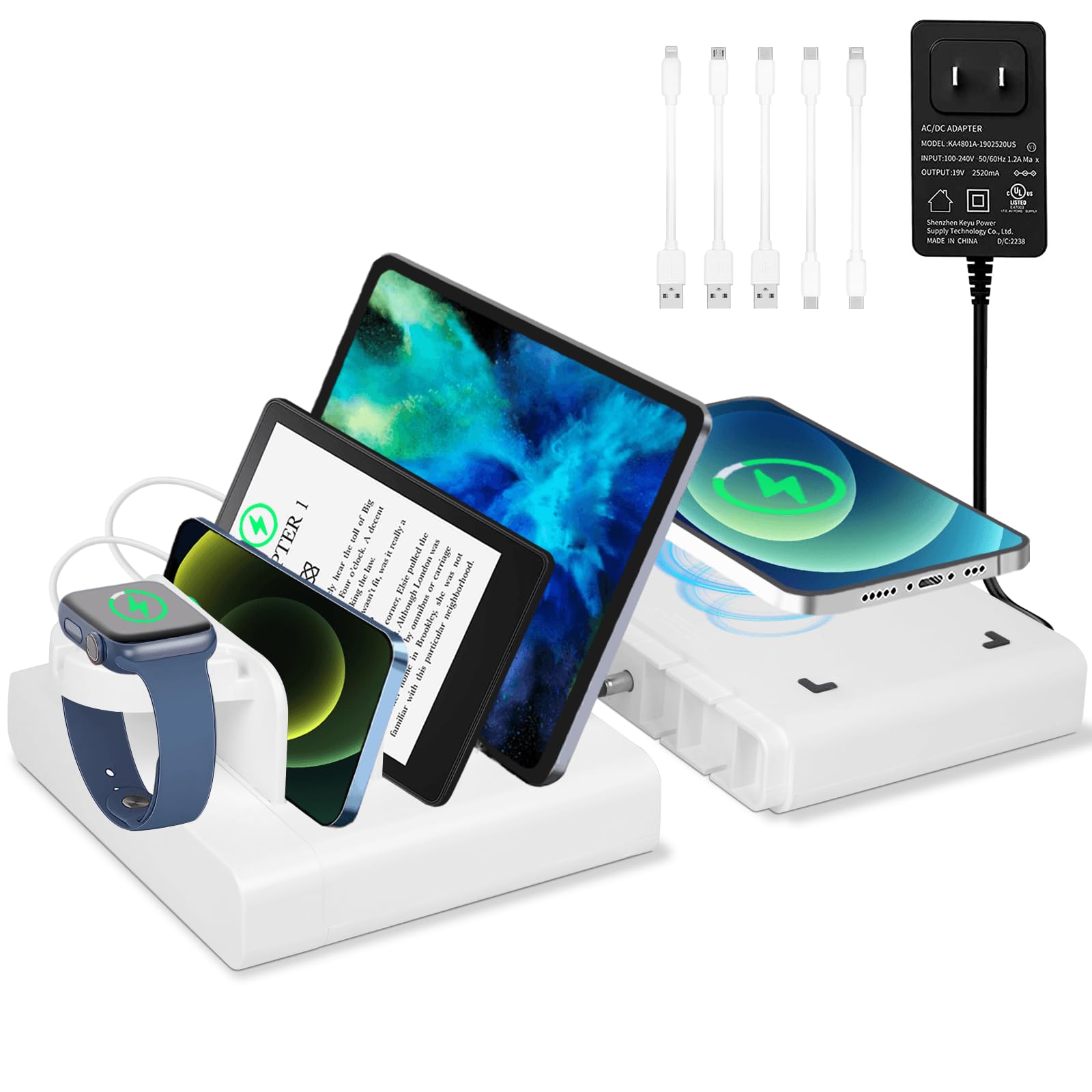 MERGROLY 75W Charging Station for Multiple Devices, 5 in 1 Fast Charging Station with 20W PD Port and 15W Wireless Charging Dock, Watch Holder, for Phone/Kindle/iPad/Tablet (5 Short Cables Included)