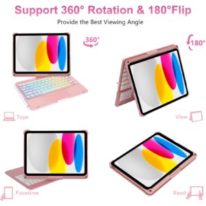 Touchpad iPad 10th Generation Case with Keyboard 10.9" 2022, Magic 360°Rotatable & Swivel Keyboard with Multi-Touch Trackpad, 7 Color Backlit with Pencil Holder for Latest iPad 10th Gen 2022 Rose Gold